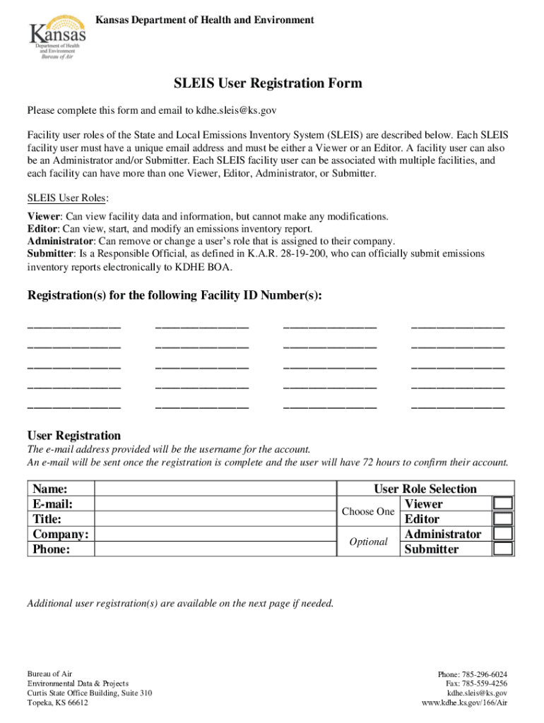 Fillable Online SLEIS User Registration Form - kdhe.ks.gov Fax Email ...