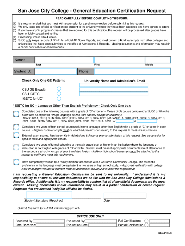 Fillable Online www.sjcc.eduRequestforGECertificationGeneral Education ...
