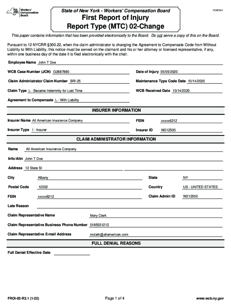 Fillable Online First Report of Injury Report Type (MTC) 02-Change Fax ...