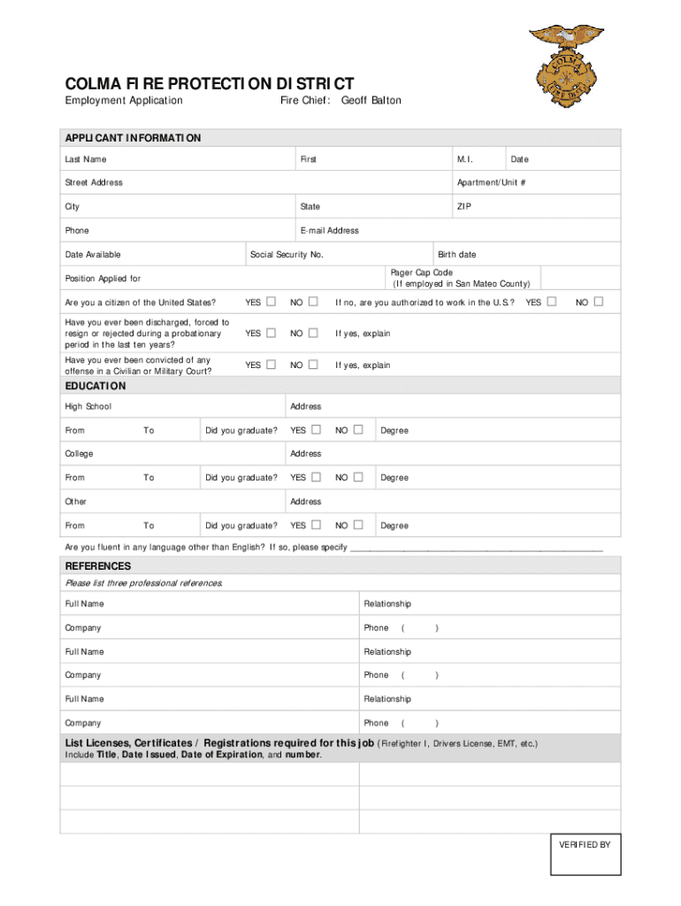 Fillable Online COLMA FIRE PROTECTION DISTRICT Fax Email Print - pdfFiller
