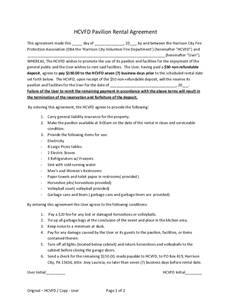 Fillable Online HCVFD Pavilion Rental Agreement Sample ContractsLaw Insider Fax Email Print ...