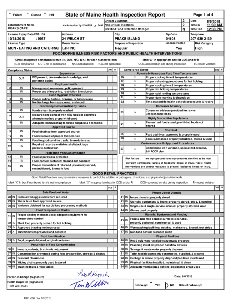 Fillable Online Failed Closed IHH State of Maine Health Inspection ...