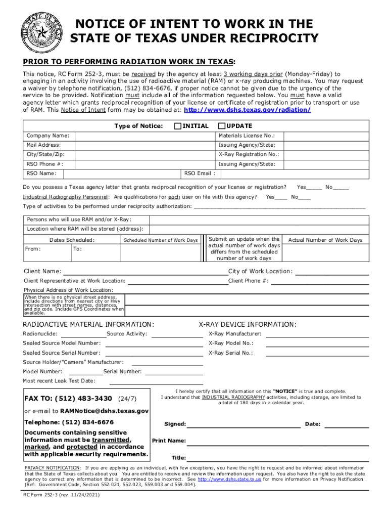 Fillable Online dshs texas dshs.texas.govradiationpdffilesNOTICE OF ...