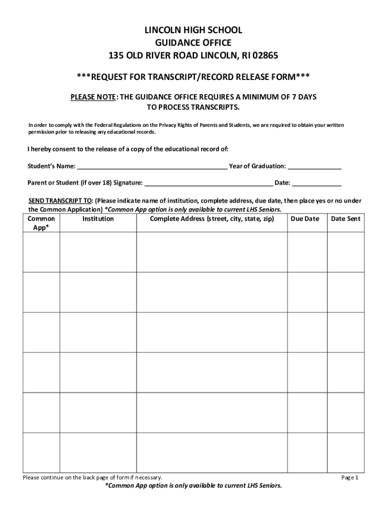 Fillable Online needmytranscript.com135-old-river-roadLincoln Senior High School Transcript ...