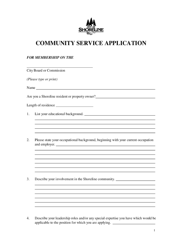 Fillable Online COMMUNITY SERVICE APPLICATION - Shoreline Fax Email ...