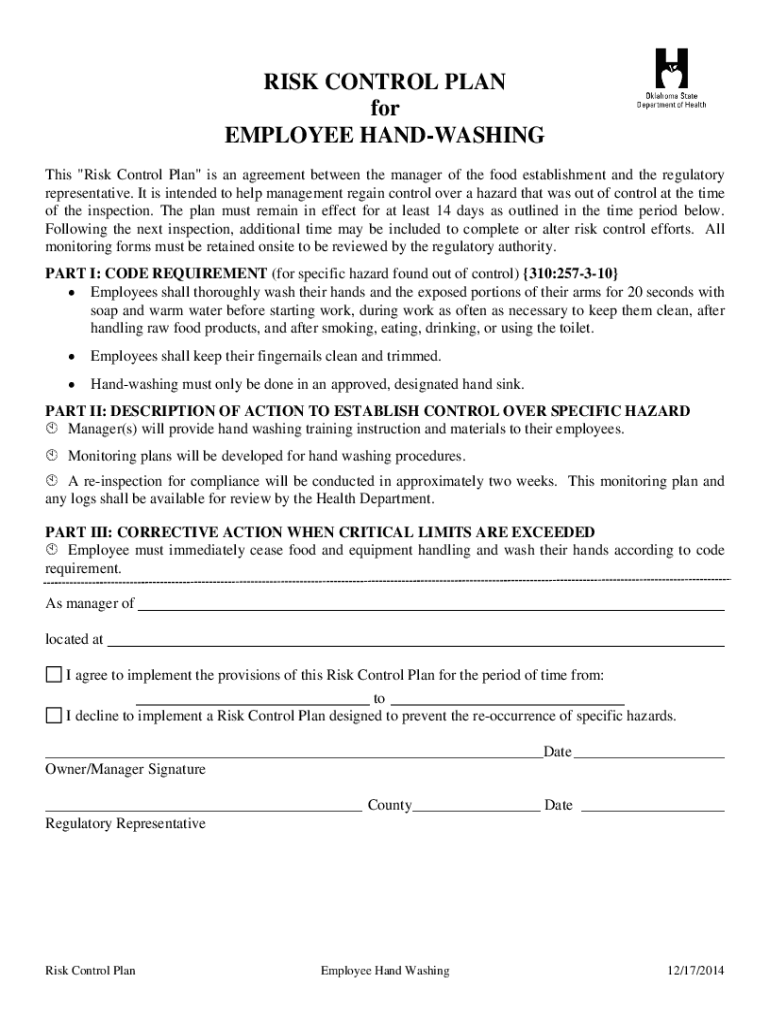 Fillable Online Oklahoma Risk Control Plan - Hand-Washing Download ...