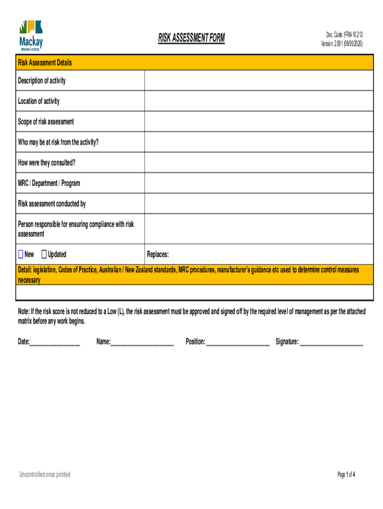 Fillable Online Risk Management - General Risk Assessment Form (FRM-10. ...
