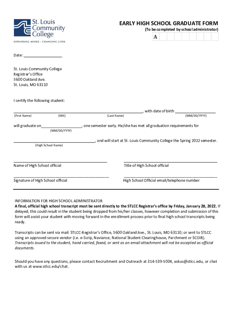 Fillable Online stlcc.edu docs admissionsEARLY HIGH SCHOOL GRADUATE FORM - St. Louis Community ...