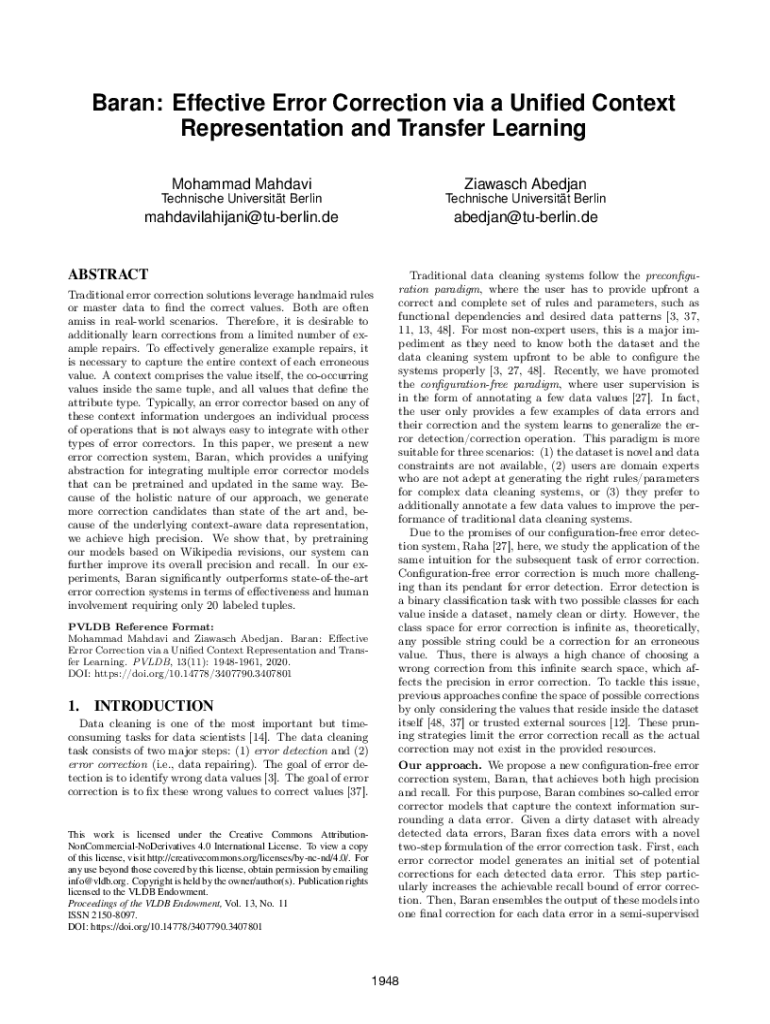 Fillable Online Baran: Effective Error Correction via a Unified Context Representation ... Fax ...