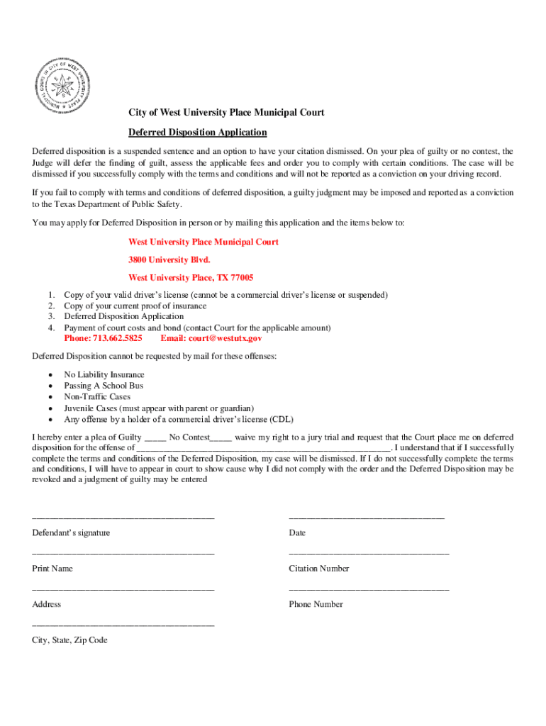 Fillable Online City of West University Place Municipal Court Deferred ...