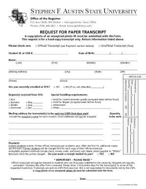 Fillable Online www.sfasu.eduregistrartranscriptsUnofficial TranscriptOffice of the RegistrarSFA ...