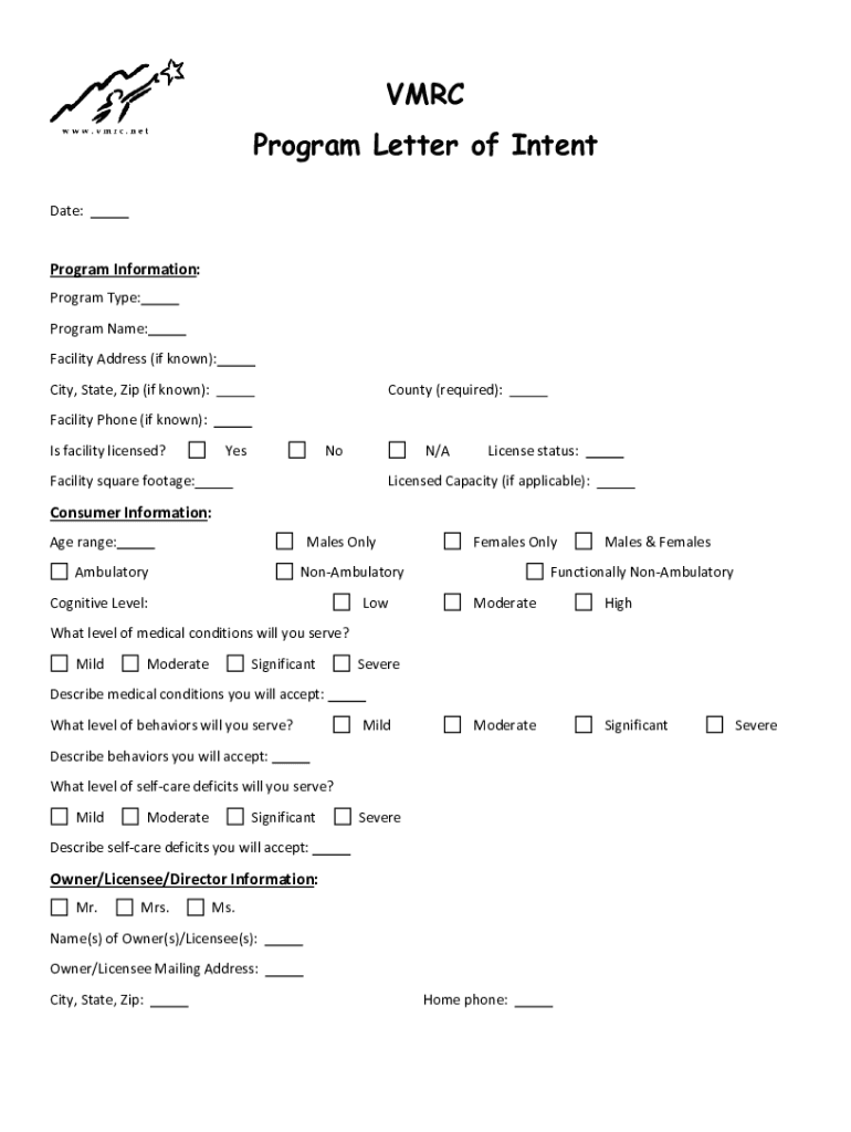 Fillable Online www.vmrc.netvmrc-program-letter-of-intentVMRC Program ...