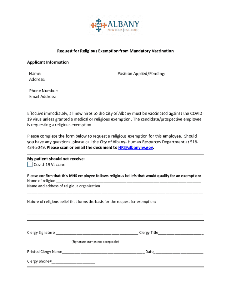 Fillable Online Request for Religious Exemption from Mandatory ...