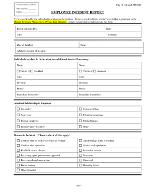 Fillable Online WORKPLACE VIOLENCE INCIDENT REPORT FORM This form is to ...