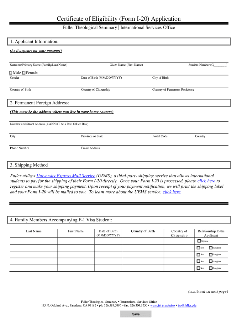 Fillable Online Fillable Certificate of Eligibility (Form I-20 ...