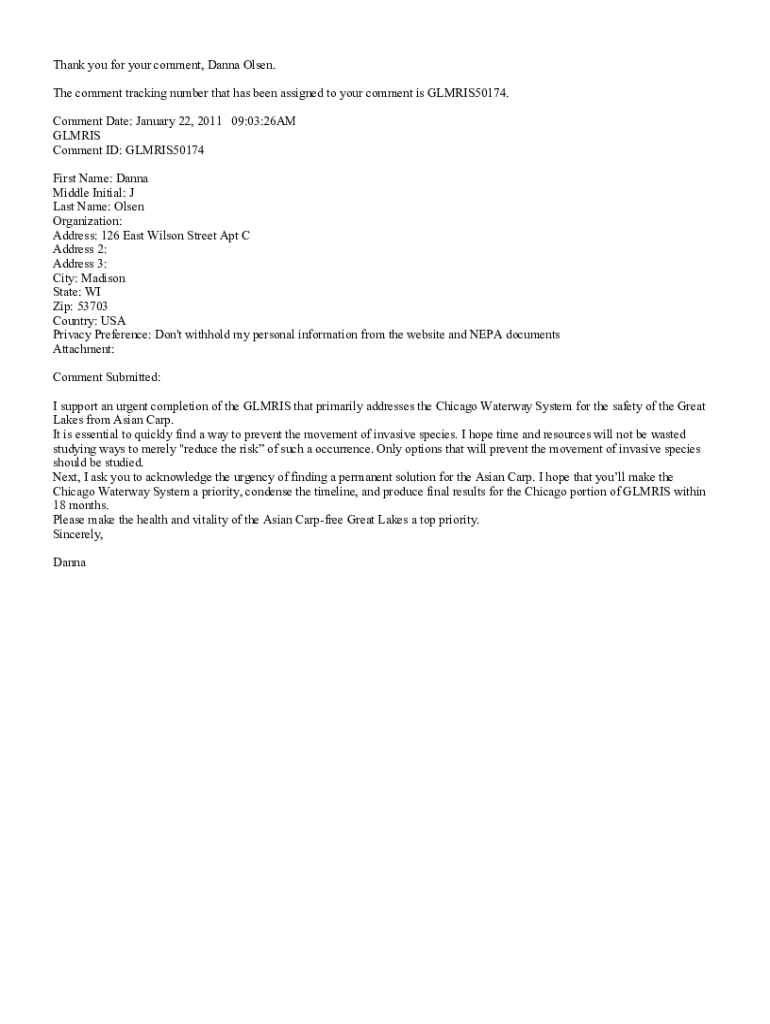 Fillable Online Thank you for your comment, Danna Olsen. The comment ...