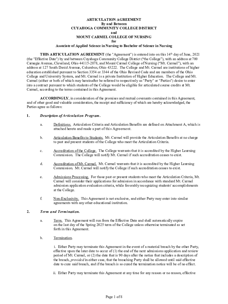 Fillable Online ARTICULATION AGREEMENT CUYAHOGA COMMUNITY COLLEGE ...