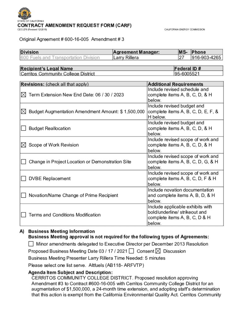 Fillable Online State Of California Contract Amendment Request Form (Carf) Cec276 ... Fax Email ...
