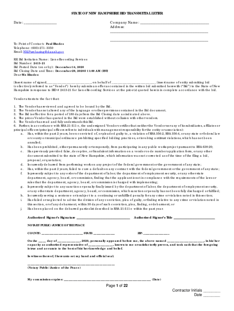 Fillable Online das nh PDF state of new hampshire bid transmittal ...