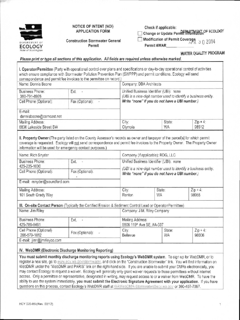 Fillable Online NOTICE OF INTENT (N01) applicable:DEPARTMENT ...