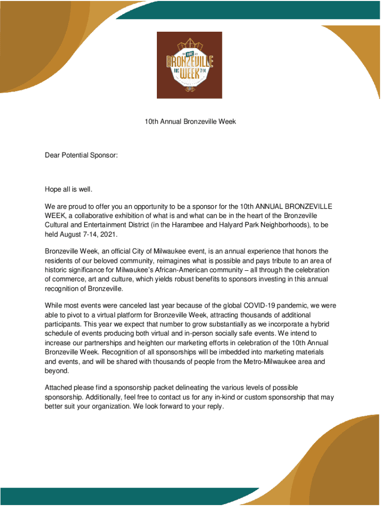 Fillable Online city milwaukee 10th Annual Bronzeville Week Dear ...