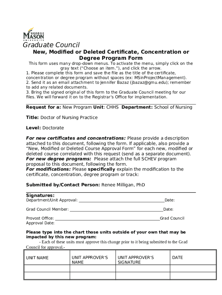 Graduate Council NEW Certificate, Concentration, Tack or Degree Program ... Doc Template | pdfFiller