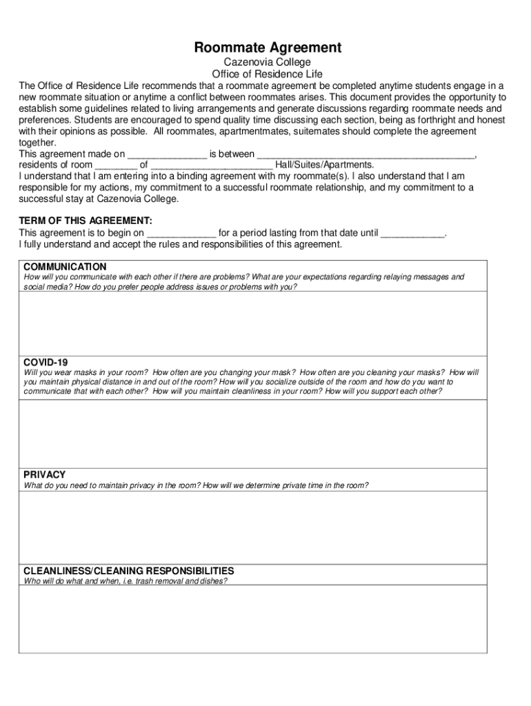 Fillable Online Roommate Agreement - Cazenovia College: Easy to ...