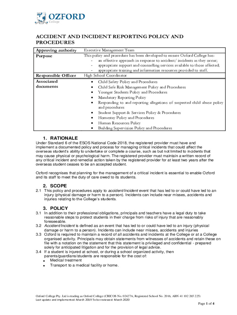 Fillable Online ACCIDENT AND INCIDENT REPORTING POLICY AND PROCEDURES ...