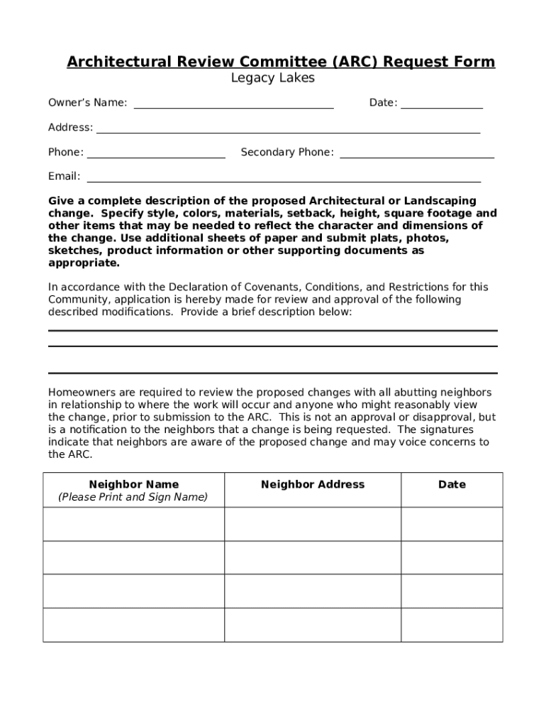 Architectural/ Landscaping Request (ARF/ LRF) Doc Template | pdfFiller