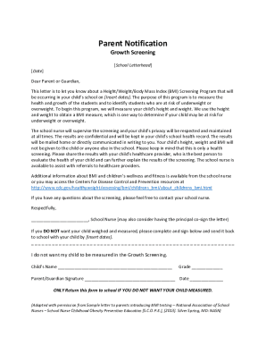 Fillable Online SAMPLE PRE-SCREEN PARENT LETTER Use School, District ...