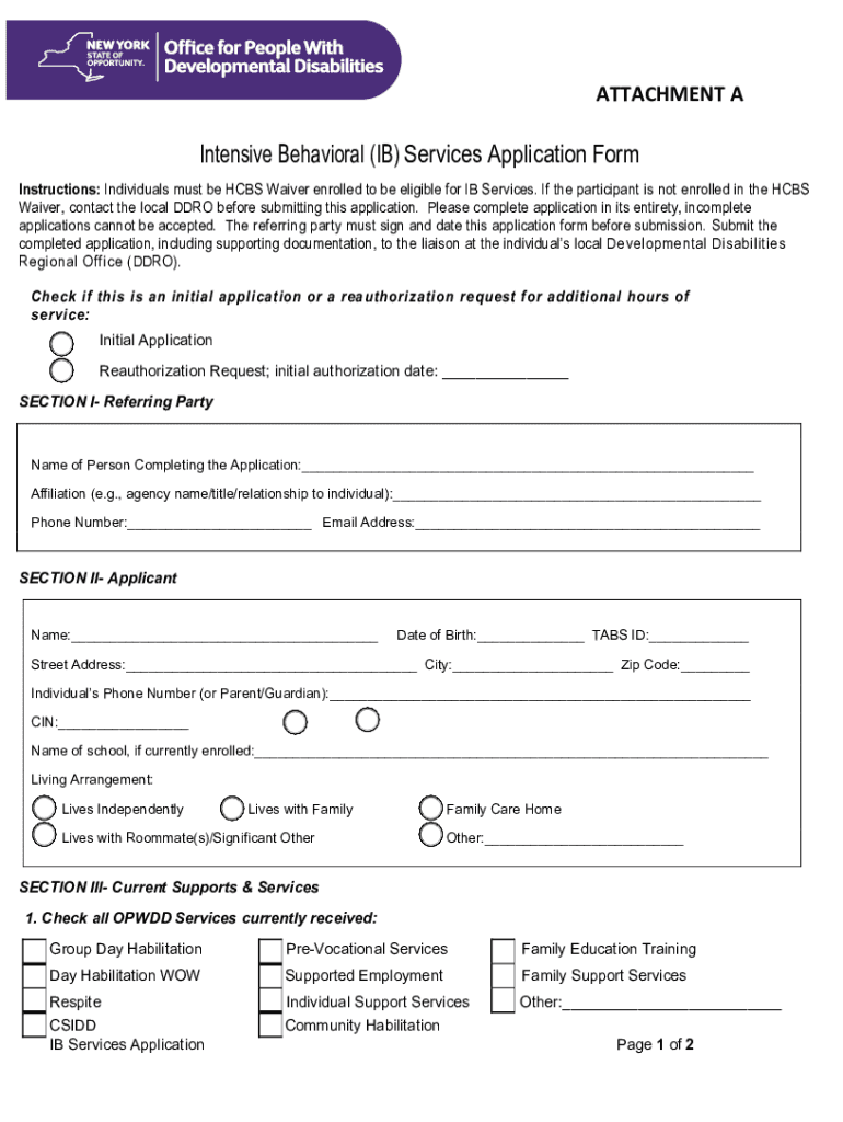 Fillable Online opwdd ny Intensive Behavioral (IB) Services Application ...