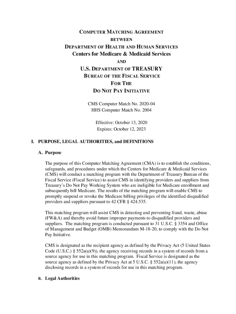 Fillable Online COMPUTER MATCHING AGREEMENT BETWEEN THE DEPARTMENT OF ...