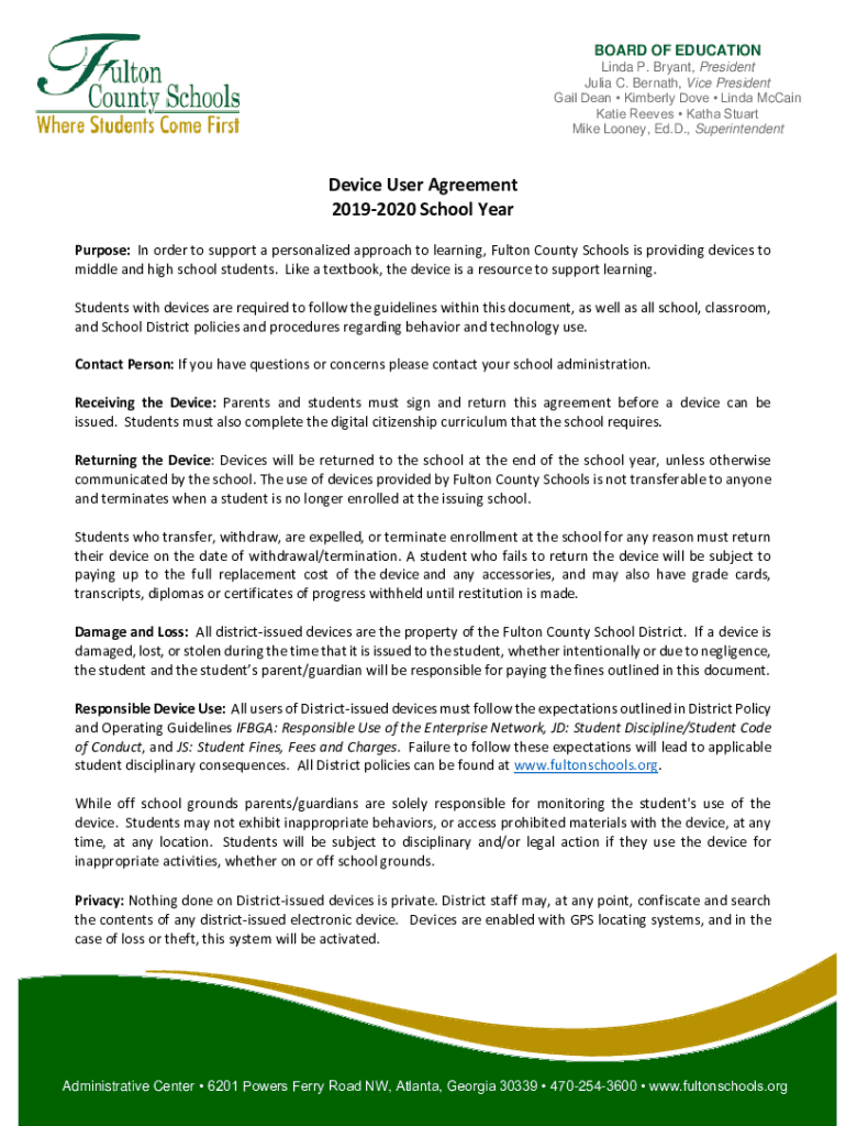 Fillable Online Fillable Online Device User Agreement 2019-2020 School ...