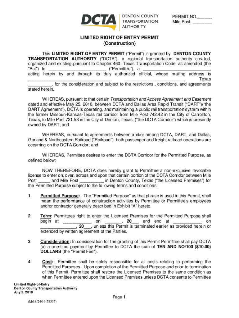 Fillable Online www.dcta.netsitesdefaultLIMITED RIGHT OF ENTRY PERMIT ...