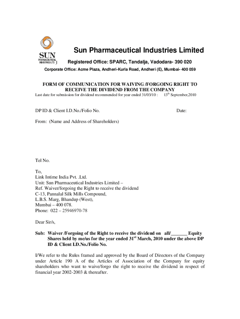 Fillable Online Form for waiver-forgoing right to receice Dividend for ...