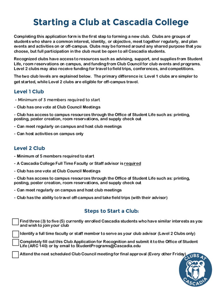 Fillable Online Fillable Club Application For Recognition Revised Form (Cascadia ... Fax Email ...