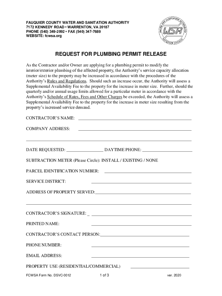 Fillable Online REQUEST FOR SERVICE AND BUILDING PERMIT RELEASE Fax ...