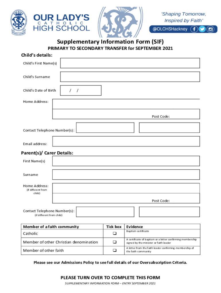 Fillable Online Supplementary Information Form (SIF) - Our Lady's ...