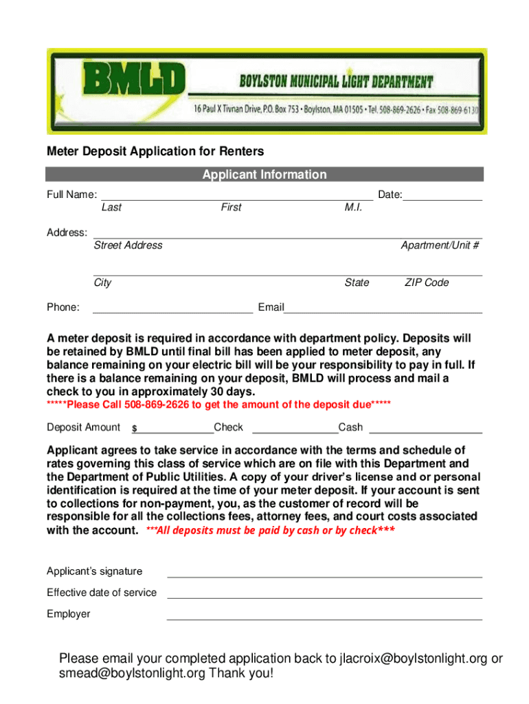 Fillable Online Meter Deposit Application for Renters Applicant ...