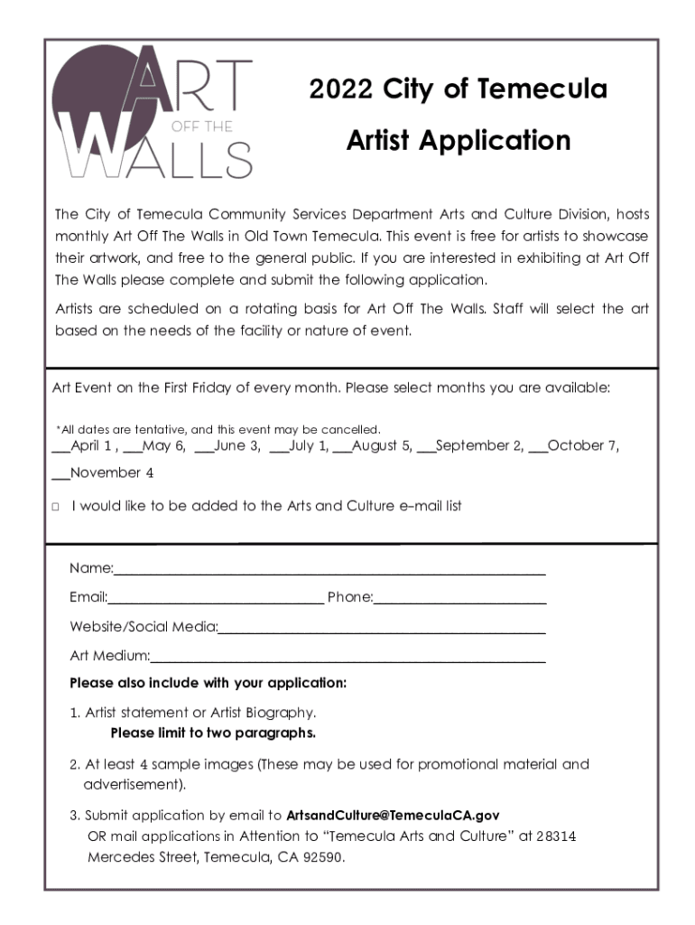 Fillable Online temeculaca.govView129632022 City of Temecula Artist ...