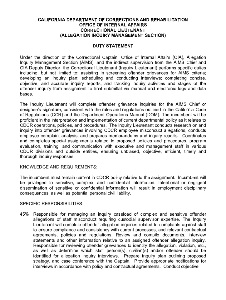 Fillable Online Duty Statement - AIMS Inquiry Lieutenant revised 11-30 ...