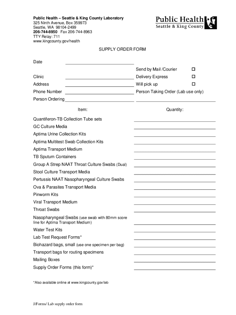 Fillable Online King County Public Health Laboratory Supply Order Form ...