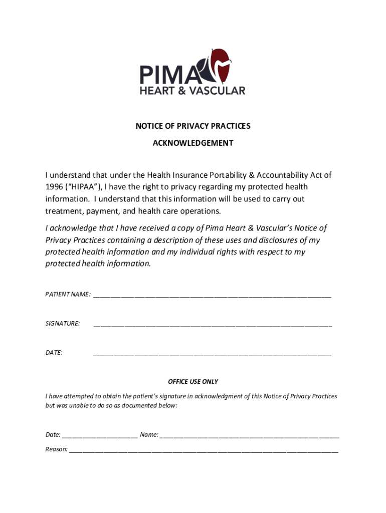 Fillable Online Notice of Privacy Practices and Acknowledgment Form Fax ...