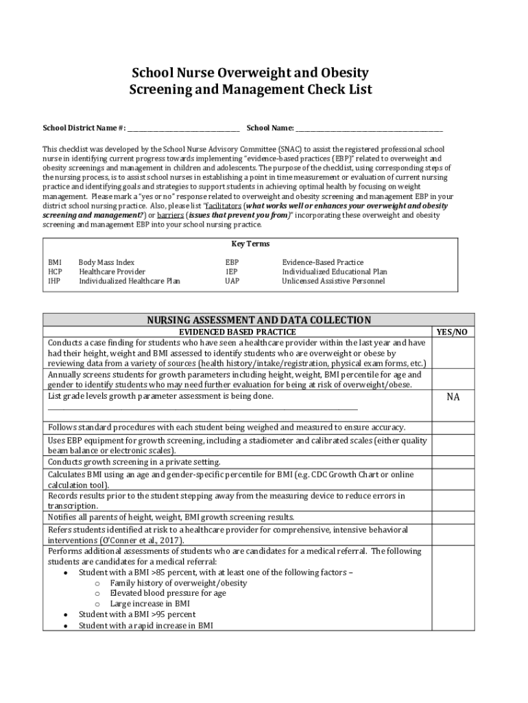 Fillable Online School Nurse Overweight and Obesity Screening and ...