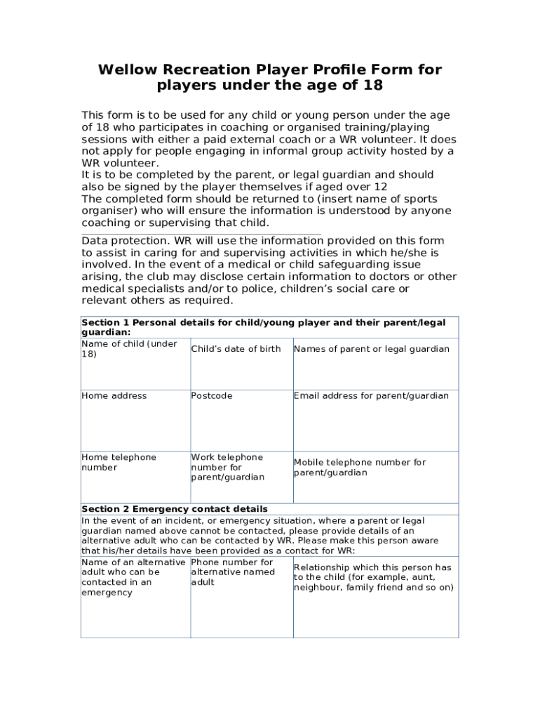 Player Profile Template (For Players Under the Age of 18) Doc Template ...