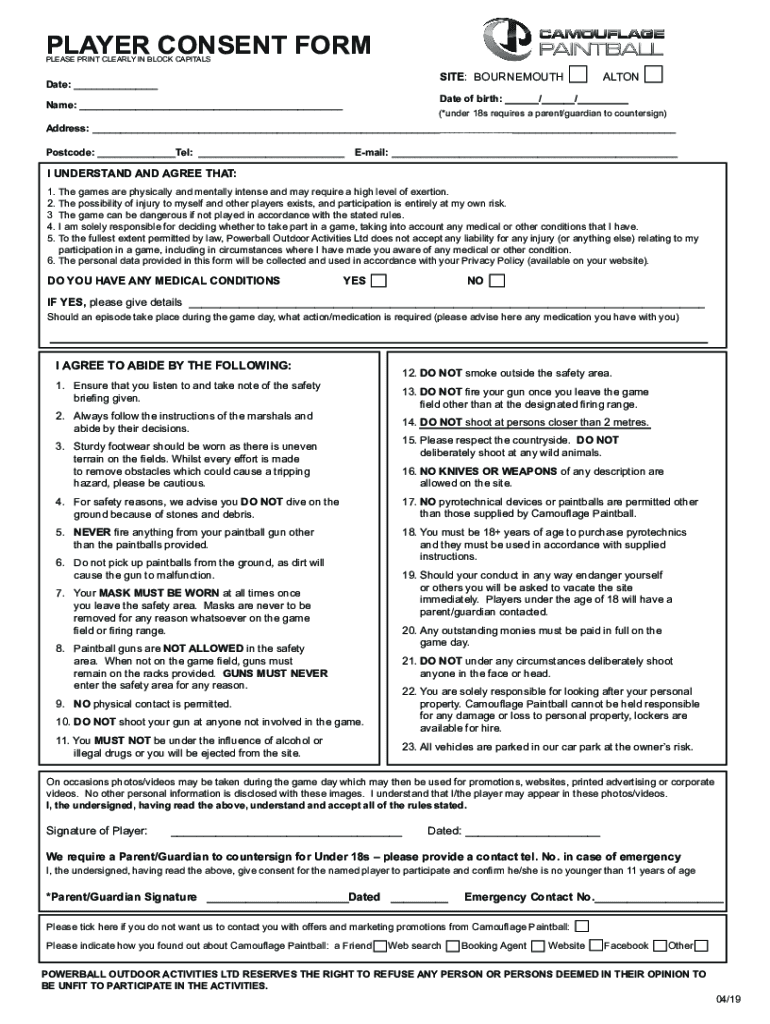 Fillable Online PLAYER CONSENT FORM SITE: BOURNEMOUTH PLEASE PRINT ...
