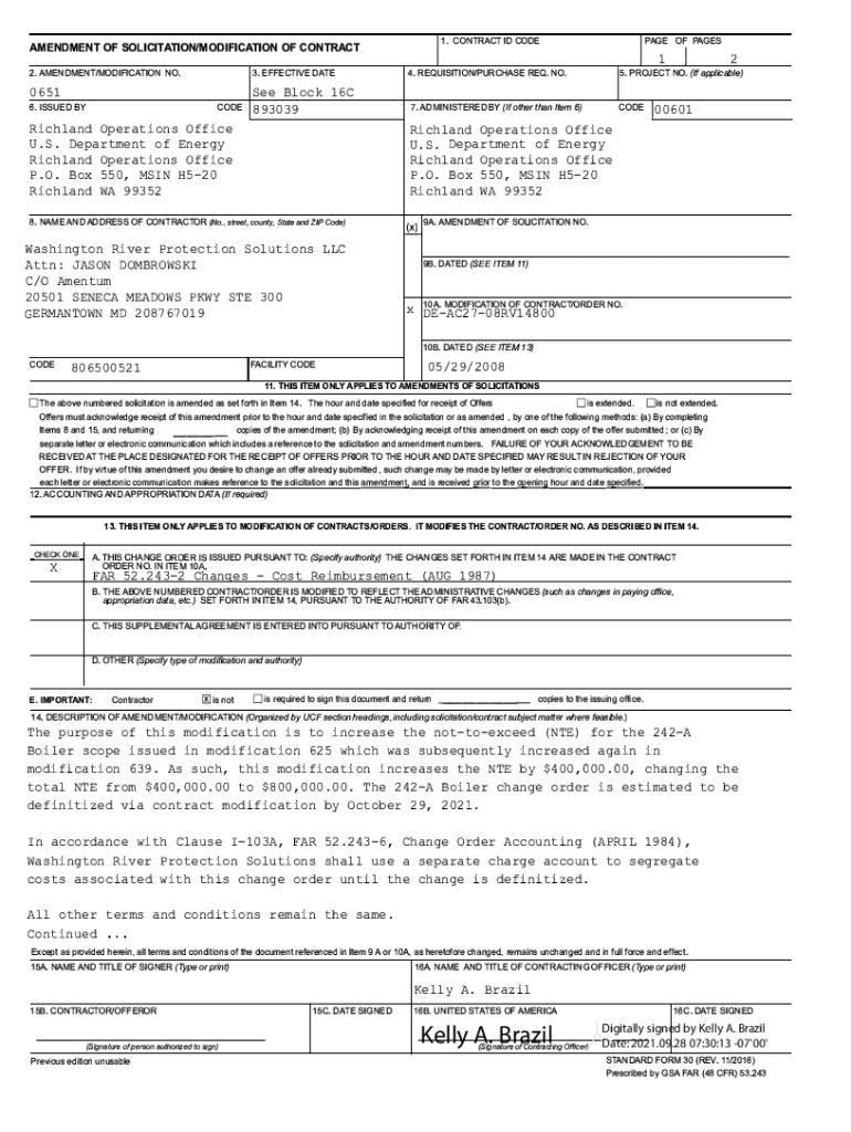 Fillable Online AMENDMENT OF SOLICITATION/MODIFICATION OF CONTRACT CONTRACT ID CODE ... Fax ...