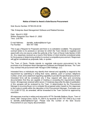 Fillable Online Notice of Intent to Award a Sole Source Order Fax Email ...