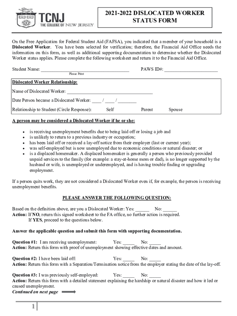 Fillable Online 21 22 Dislocated Worker Verification TCNJ.docx Fax Email Print - pdfFiller