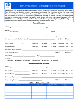 Fillable Online Church Benevolence Request Form - Free Church ...